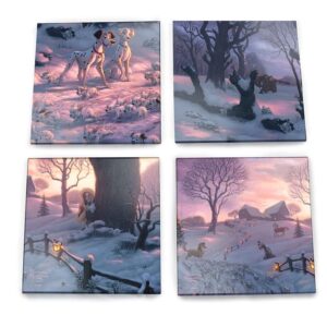 Disney – 101 Dalmatians on The Run – Pongo and Perdita’s Puppies – Thomas Kinkade Studios – Set of Four 4” x 4” Glass Coasters - Comes with Stylish Modern Wooden Coaster – for Gifting and Collecting