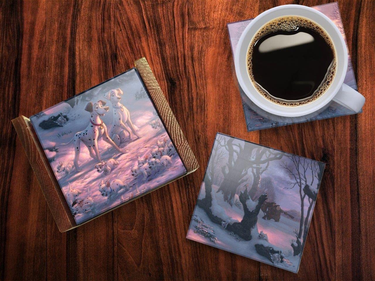 Disney – 101 Dalmatians on The Run – Pongo and Perdita’s Puppies – Thomas Kinkade Studios – Set of Four 4” x 4” Glass Coasters - Comes with Stylish Modern Wooden Coaster – for Gifting and Collecting