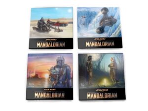 star wars – mandalorian – the child – marshal – razor crest – thomas kinkade studios – set of four 4” x 4” glass coasters - comes with stylish modern wooden coaster – officially licensed collectible