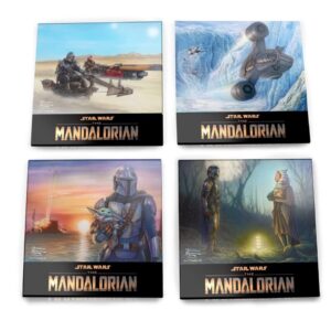 Star Wars – Mandalorian – The Child – Marshal – Razor Crest – Thomas Kinkade Studios – Set of Four 4” x 4” Glass Coasters - Comes with Stylish Modern Wooden Coaster – Officially Licensed Collectible