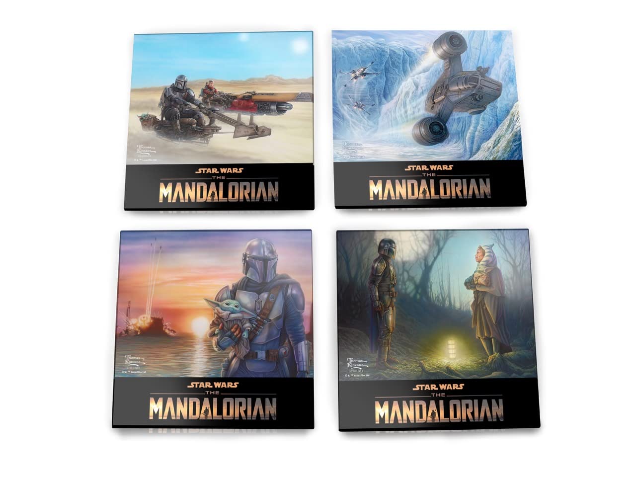 Star Wars – Mandalorian – The Child – Marshal – Razor Crest – Thomas Kinkade Studios – Set of Four 4” x 4” Glass Coasters - Comes with Stylish Modern Wooden Coaster – Officially Licensed Collectible