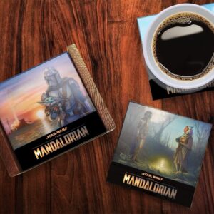 Star Wars – Mandalorian – The Child – Marshal – Razor Crest – Thomas Kinkade Studios – Set of Four 4” x 4” Glass Coasters - Comes with Stylish Modern Wooden Coaster – Officially Licensed Collectible