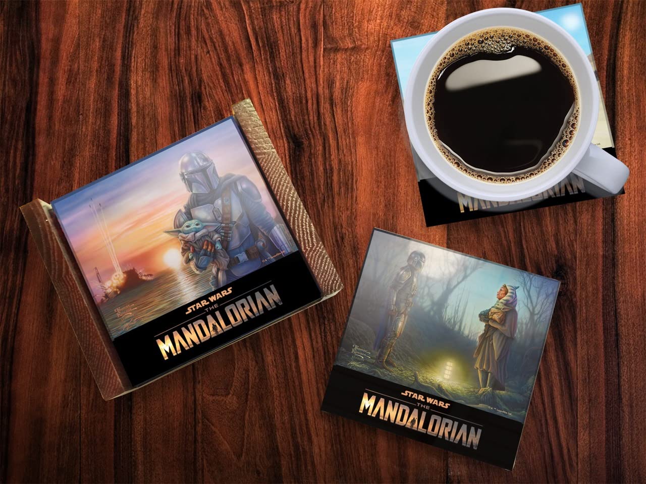 Star Wars – Mandalorian – The Child – Marshal – Razor Crest – Thomas Kinkade Studios – Set of Four 4” x 4” Glass Coasters - Comes with Stylish Modern Wooden Coaster – Officially Licensed Collectible