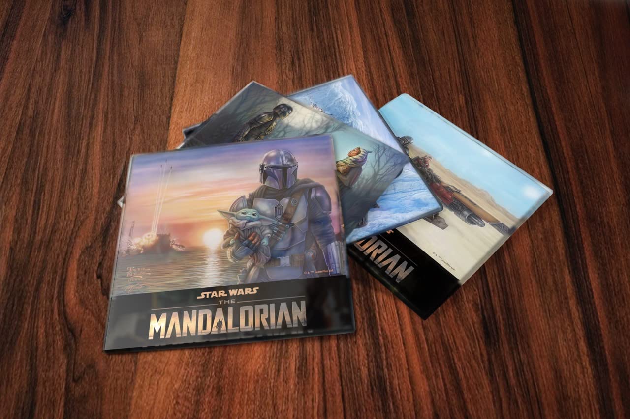 Star Wars – Mandalorian – The Child – Marshal – Razor Crest – Thomas Kinkade Studios – Set of Four 4” x 4” Glass Coasters - Comes with Stylish Modern Wooden Coaster – Officially Licensed Collectible