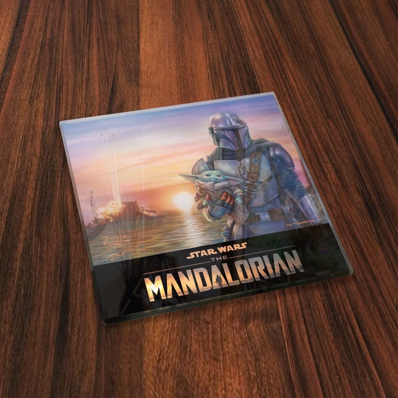 Star Wars – Mandalorian – The Child – Marshal – Razor Crest – Thomas Kinkade Studios – Set of Four 4” x 4” Glass Coasters - Comes with Stylish Modern Wooden Coaster – Officially Licensed Collectible