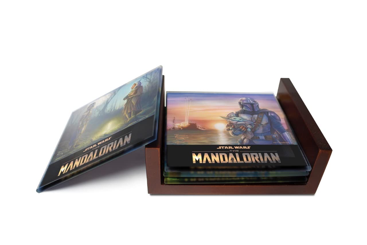 Star Wars – Mandalorian – The Child – Marshal – Razor Crest – Thomas Kinkade Studios – Set of Four 4” x 4” Glass Coasters - Comes with Stylish Modern Wooden Coaster – Officially Licensed Collectible