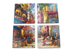 disney – mickey and minnie mouse in mexico – thomas kinkade studios – set of four 4” x 4” glass coasters - comes with stylish modern wooden coaster – for gifting and collecting