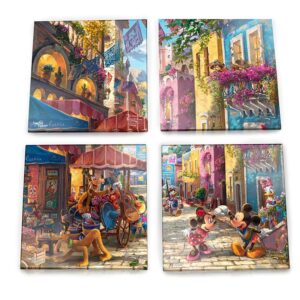 Disney – Mickey and Minnie Mouse in Mexico – Thomas Kinkade Studios – Set of Four 4” x 4” Glass Coasters - Comes with Stylish Modern Wooden Coaster – for Gifting and Collecting