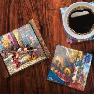 Disney – Mickey and Minnie Mouse in Mexico – Thomas Kinkade Studios – Set of Four 4” x 4” Glass Coasters - Comes with Stylish Modern Wooden Coaster – for Gifting and Collecting