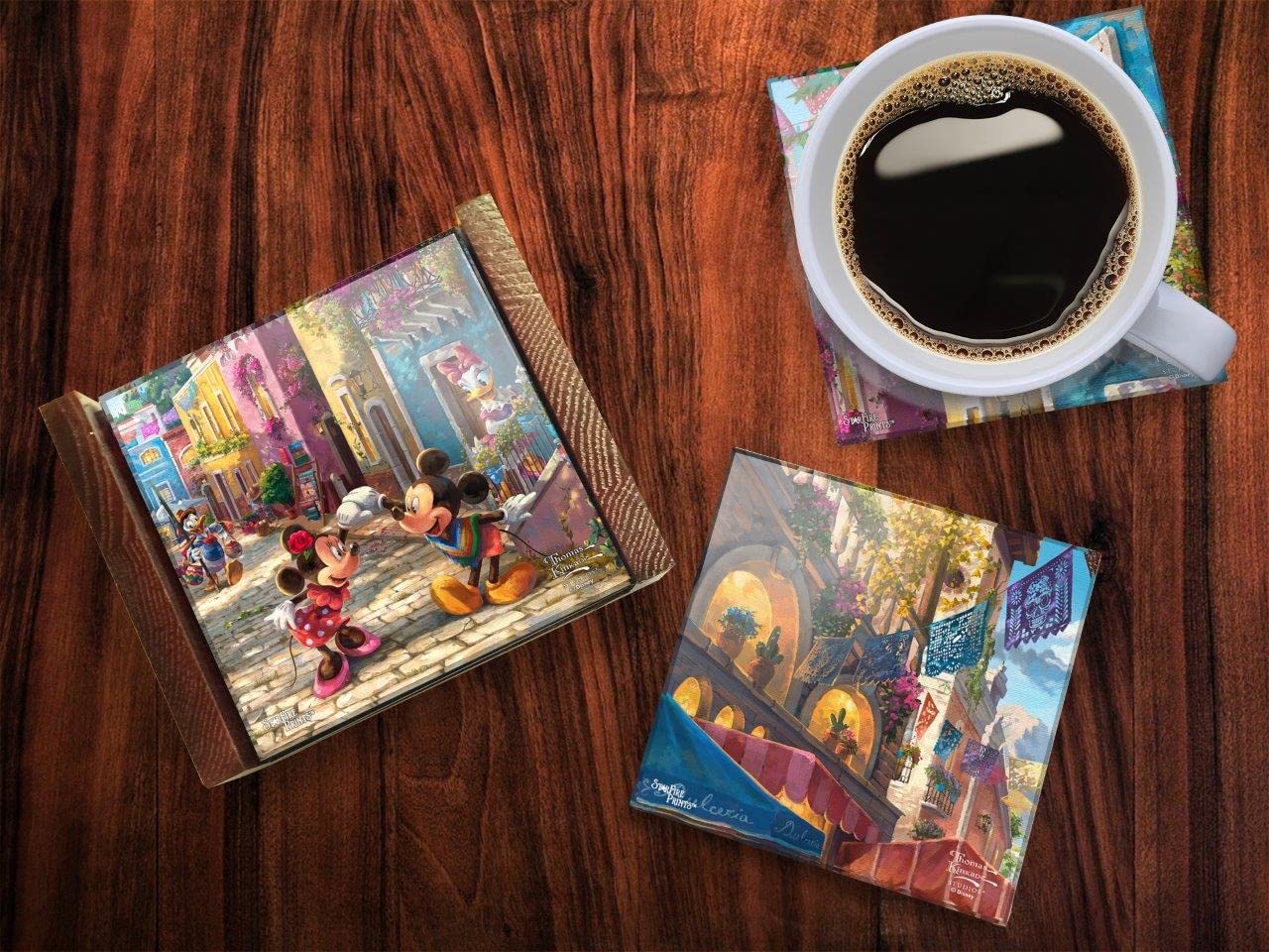 Disney – Mickey and Minnie Mouse in Mexico – Thomas Kinkade Studios – Set of Four 4” x 4” Glass Coasters - Comes with Stylish Modern Wooden Coaster – for Gifting and Collecting