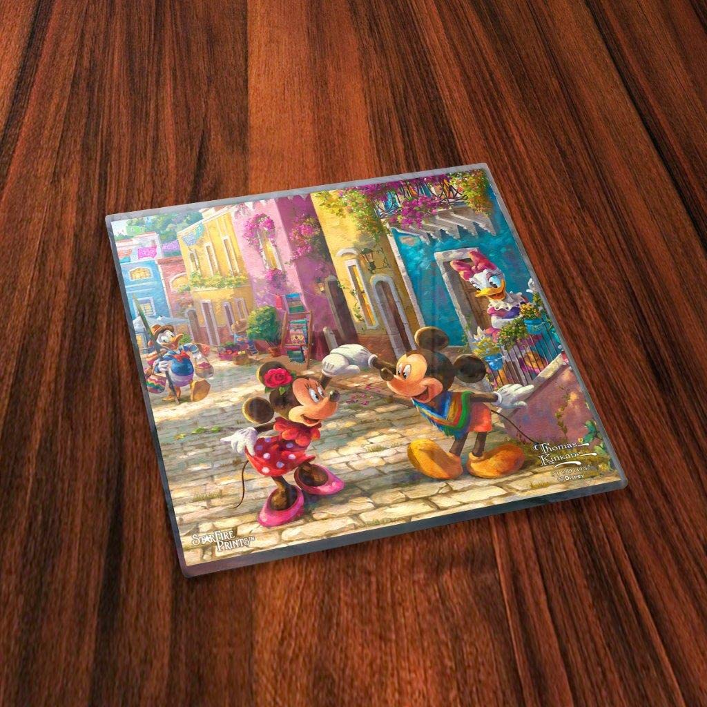 Disney – Mickey and Minnie Mouse in Mexico – Thomas Kinkade Studios – Set of Four 4” x 4” Glass Coasters - Comes with Stylish Modern Wooden Coaster – for Gifting and Collecting