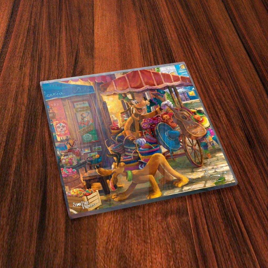 Disney – Mickey and Minnie Mouse in Mexico – Thomas Kinkade Studios – Set of Four 4” x 4” Glass Coasters - Comes with Stylish Modern Wooden Coaster – for Gifting and Collecting