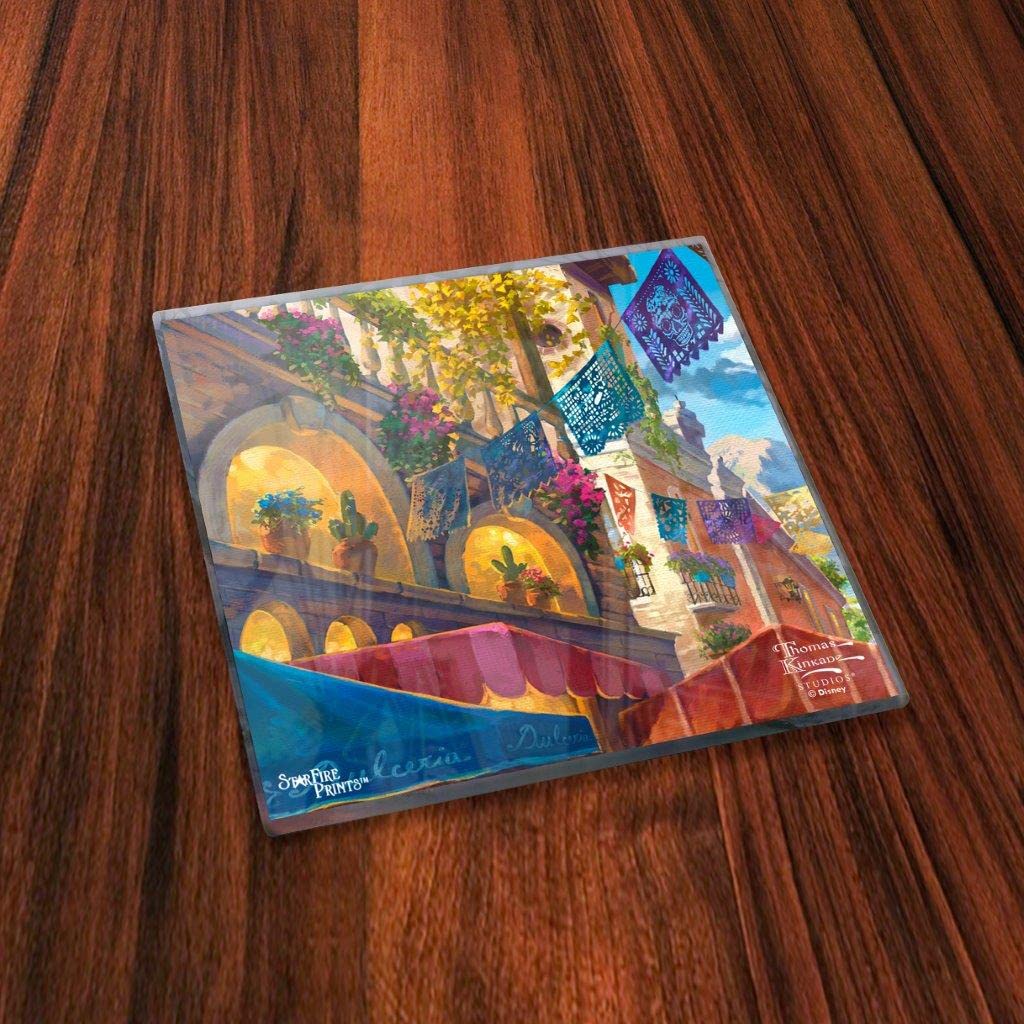 Disney – Mickey and Minnie Mouse in Mexico – Thomas Kinkade Studios – Set of Four 4” x 4” Glass Coasters - Comes with Stylish Modern Wooden Coaster – for Gifting and Collecting