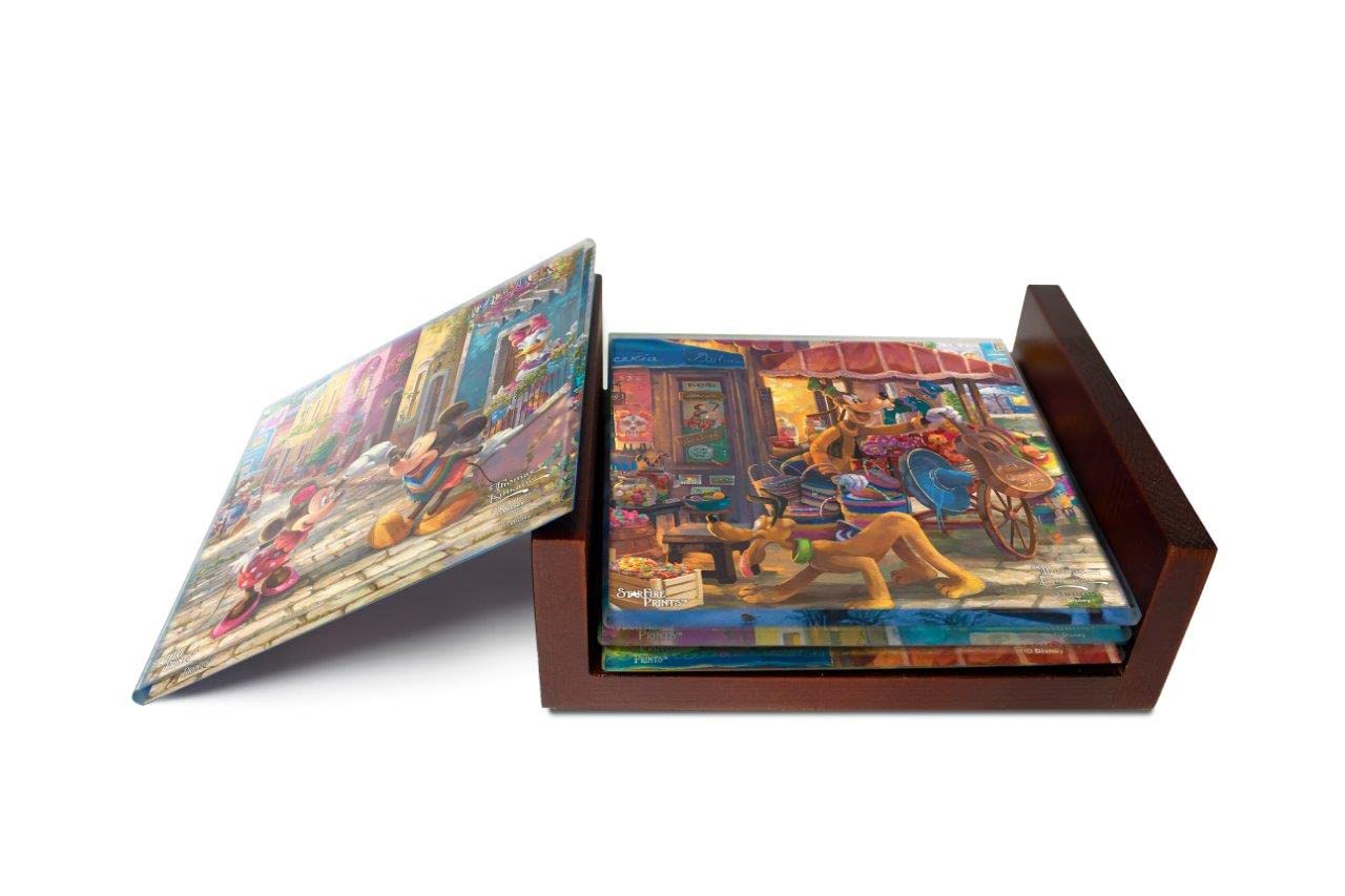 Disney – Mickey and Minnie Mouse in Mexico – Thomas Kinkade Studios – Set of Four 4” x 4” Glass Coasters - Comes with Stylish Modern Wooden Coaster – for Gifting and Collecting