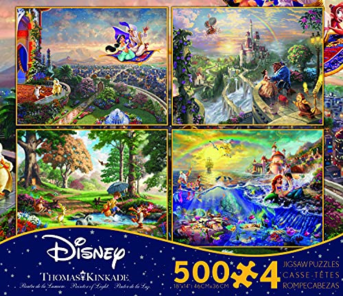 Ceaco - 4 in 1 Multipack - Thomas Kinkade - Disney Dreams Collection - Aladdin, Winnie the Pooh, Beauty & the Beast, & The Little Mermaid - (4) 500 Piece Jigsaw Puzzles