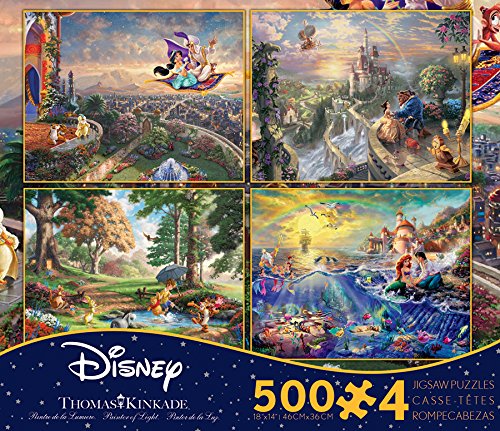 Ceaco - 4 in 1 Multipack - Thomas Kinkade - Disney Dreams Collection - Aladdin, Winnie the Pooh, Beauty & the Beast, & The Little Mermaid - (4) 500 Piece Jigsaw Puzzles