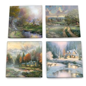 Thomas Kinkade - Seasons Scenes – Summer Spring Winter Fall - Set of Four 4” x 4” Glass Coasters - Comes with Stylish Modern Wooden Coaster – for Gifting and Collecting