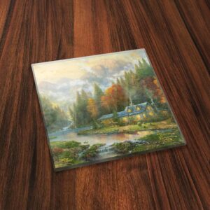 Thomas Kinkade - Seasons Scenes – Summer Spring Winter Fall - Set of Four 4” x 4” Glass Coasters - Comes with Stylish Modern Wooden Coaster – for Gifting and Collecting