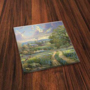 Thomas Kinkade - Seasons Scenes – Summer Spring Winter Fall - Set of Four 4” x 4” Glass Coasters - Comes with Stylish Modern Wooden Coaster – for Gifting and Collecting