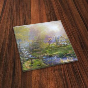 Thomas Kinkade - Seasons Scenes – Summer Spring Winter Fall - Set of Four 4” x 4” Glass Coasters - Comes with Stylish Modern Wooden Coaster – for Gifting and Collecting