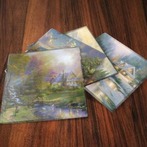 Thomas Kinkade - Seasons Scenes – Summer Spring Winter Fall - Set of Four 4” x 4” Glass Coasters - Comes with Stylish Modern Wooden Coaster – for Gifting and Collecting