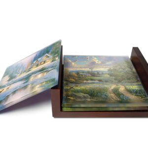 Thomas Kinkade - Seasons Scenes – Summer Spring Winter Fall - Set of Four 4” x 4” Glass Coasters - Comes with Stylish Modern Wooden Coaster – for Gifting and Collecting