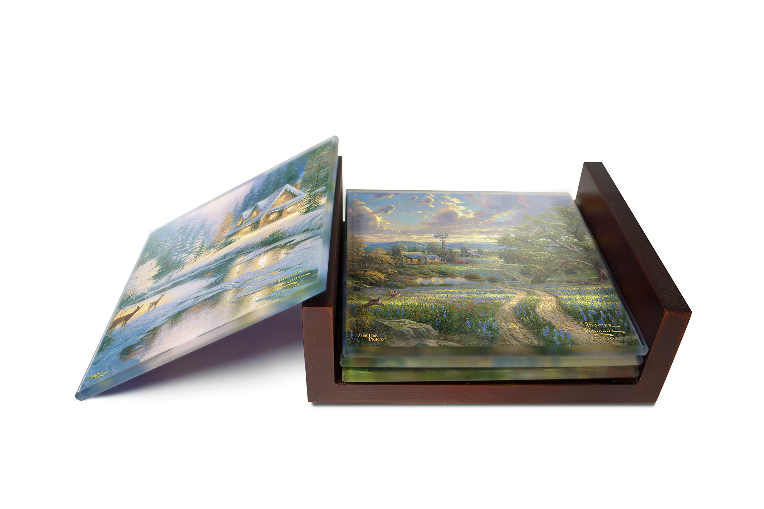 Thomas Kinkade - Seasons Scenes – Summer Spring Winter Fall - Set of Four 4” x 4” Glass Coasters - Comes with Stylish Modern Wooden Coaster – for Gifting and Collecting