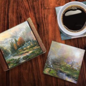 Thomas Kinkade - Seasons Scenes – Summer Spring Winter Fall - Set of Four 4” x 4” Glass Coasters - Comes with Stylish Modern Wooden Coaster – for Gifting and Collecting