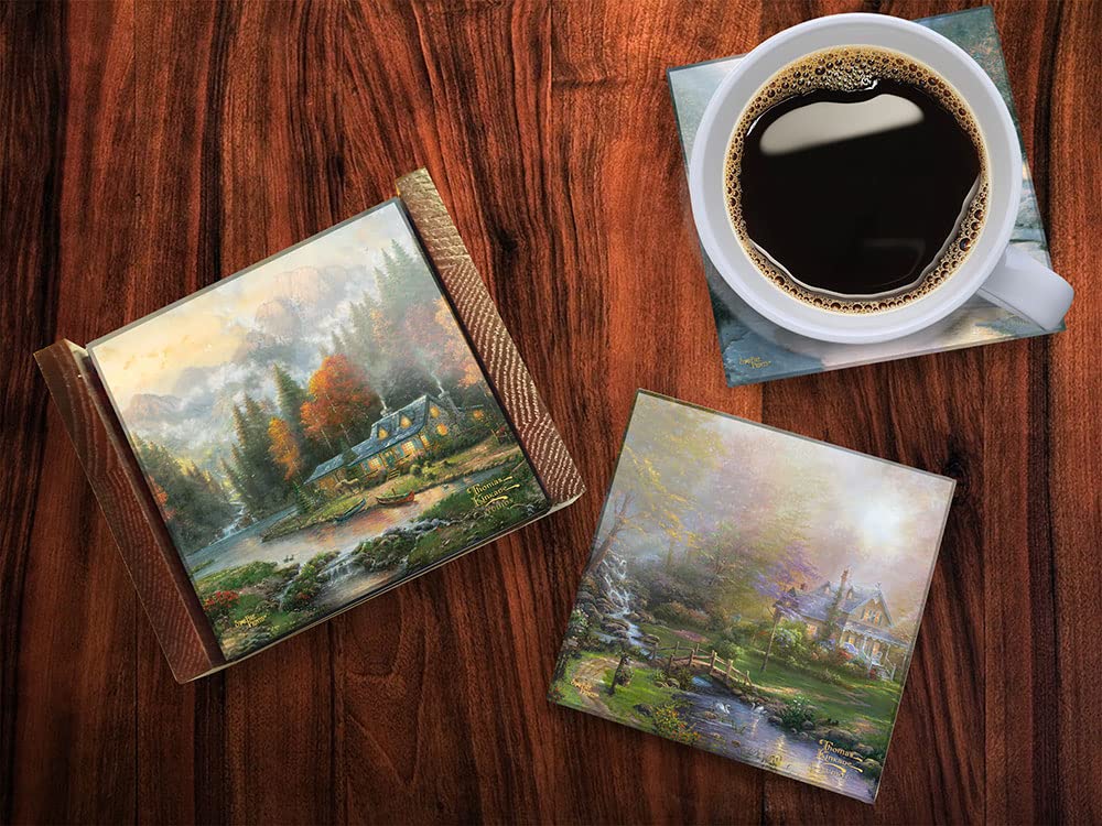 Thomas Kinkade - Seasons Scenes – Summer Spring Winter Fall - Set of Four 4” x 4” Glass Coasters - Comes with Stylish Modern Wooden Coaster – for Gifting and Collecting