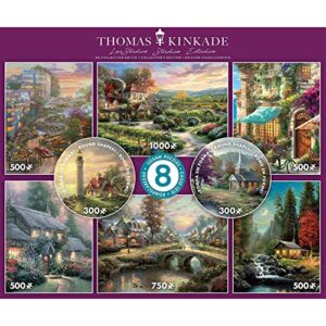 ceaco - 8 in 1 multipack - thomas kinkade - (2) round 300 piece, (4) 550 piece, (1) 750 piece (1) 1000 piece jigsaw puzzles , white