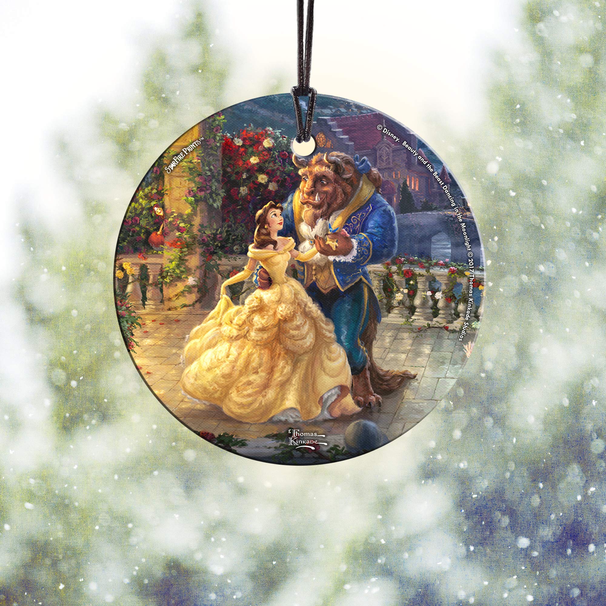 Trend Setters Thomas Kinkade Disney Dancing in The Moonlight Beauty and The Beast 3.5” Starfire Prints Hanging Glass Print Accessory