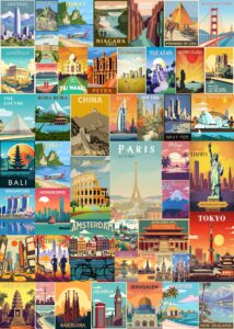 vintage world travel puzzles for adults 1000 piece, colosseum eiffel tower landscape poster puzzle landmarks, scenic jigsaw puzzles for adults paris italy scenery