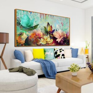 flower wall art for living room, framed floral canvas wall-art for bedroom, watercolor lotus print painting, large size 60x30 inches