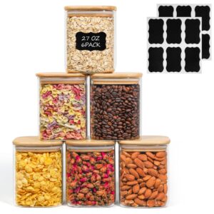 comsaf 27 oz glass food storage jars set of 6, clear storage containers with airtight bamboo lid, pantry organization jar, spice, blooming tea, coffee and sugar container, canister set for kitchen