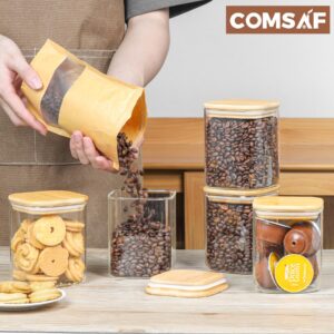 ComSaf 27 oz Glass Food Storage Jars Set of 6, Clear Storage Containers with Airtight Bamboo Lid, Pantry Organization Jar, Spice, Blooming Tea, Coffee and Sugar Container, Canister Set for Kitchen