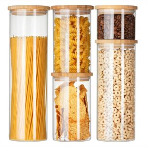 gc genicook glass food storage jars,spaghetti pasta storage container,borosilcate glass canister set with eco-friendly bamboo lids for noodles flour cereal coffee beans - 10 pcs set (round