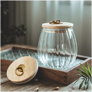 FANTESTICRYAN Glass Coffee Nuts Canister Airtight Storage Jar Petal Decorative Container with Bamboo Lid Metal Handle Easy to Grasp 1600ml, 54 FL OZ (Large Oval)