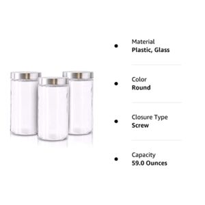 Glass Jars for Kitchen – Set of 3 Large Food Storage Containers – 60Oz Storage Jars with Metallic Lids – Multipurpose Glass Containers for Snacks, Coffee, Pet Treats – Screw-On Lid