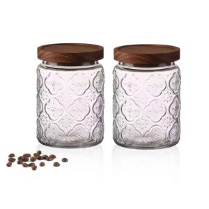 snminetal vintage glass kitchen storage counter sealed jar, kitchen glass food storage containers, with airtight wood lid for cookies, coffee beans,tea,grains,food storage containers 24oz (2pcs)