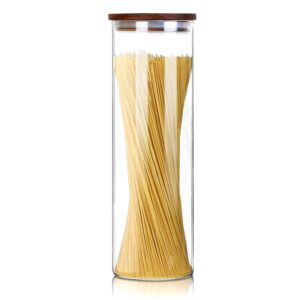 vensp tall borosilicate glass food storage jar for spaghetti,spaghetti container(63 floz), noodle holder storage sealed container with wooden lid,airtight clear glass kitchen canister wood lid