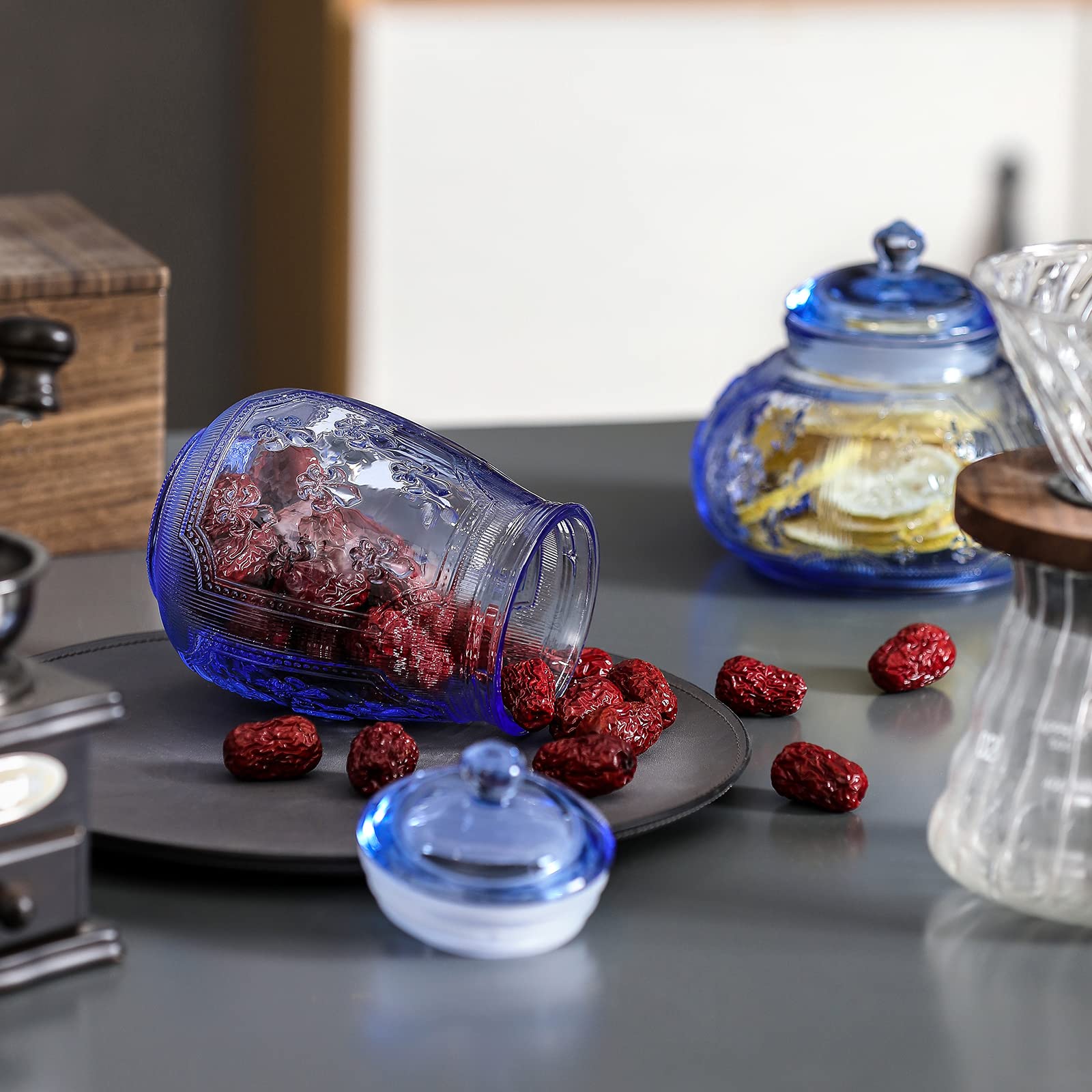 G Glass Cookie and Candy Jars With Airtight Lids For Food Storage, Household (Blue, MD 4.3 in *H 7.2 in)