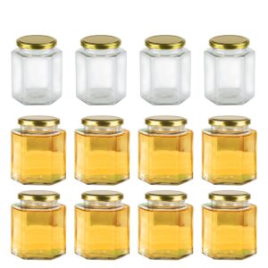 encheng 16 oz clear hexagon jars,glass jars with lids(golden),mason jars for honey,foods,jams,liquid,spice jars herd jars canning jars for storage 12 pack