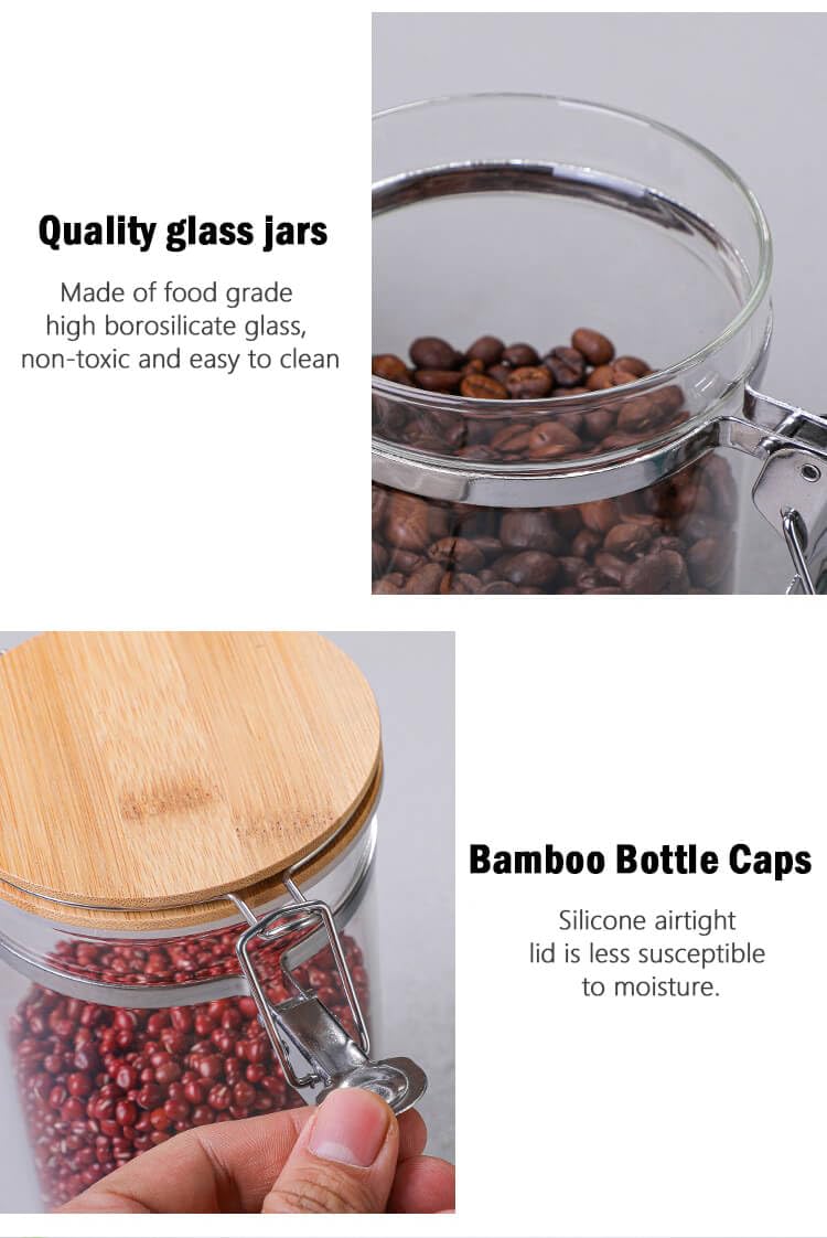 Zrwcvxy Glass Canisters with Bamboo Airtight Lid, 48 oz Clear Glass Food Storage Jars for Sugar, Pasta, Tea, Coffee Beans, Ground Coffee, Nuts, Flour, Cookie Food Storage