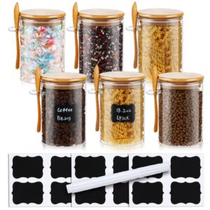 bokon 6 sets glass jars with bamboo lids and spoon 18.2 oz airtight glass spice jars with lids flour canister glass food storage with 3 labels and 1 pen for candy spices coffee beans sugar nuts