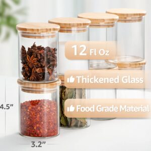 COCOYA 12 FL Oz Glass Jars with Bamboo Lid Set, 8Pack UPGRADE Clear Food Storage Canisters Kitchen Pantry Containers, for Spice Herb Nuts Tea Seed Seasoning Dry Foods Bean Sugar Snack Candy