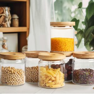 Yaomiao 9 Pcs Airtight Glass Jars with Bamboo Lids 16 oz Food Storage Jars Clear Kitchen Containers Borosilicate Glass Canisters for Coffee Beans Sugar Candy, and More