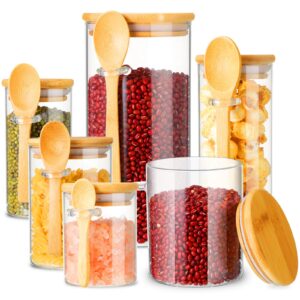 hushee 6 pieces of glass storage jars, clear glass food storage containers with airtight bamboo lid and spoon glass jars for candy,cookie,rice,sugar,flour,pasta,nuts and spice jars