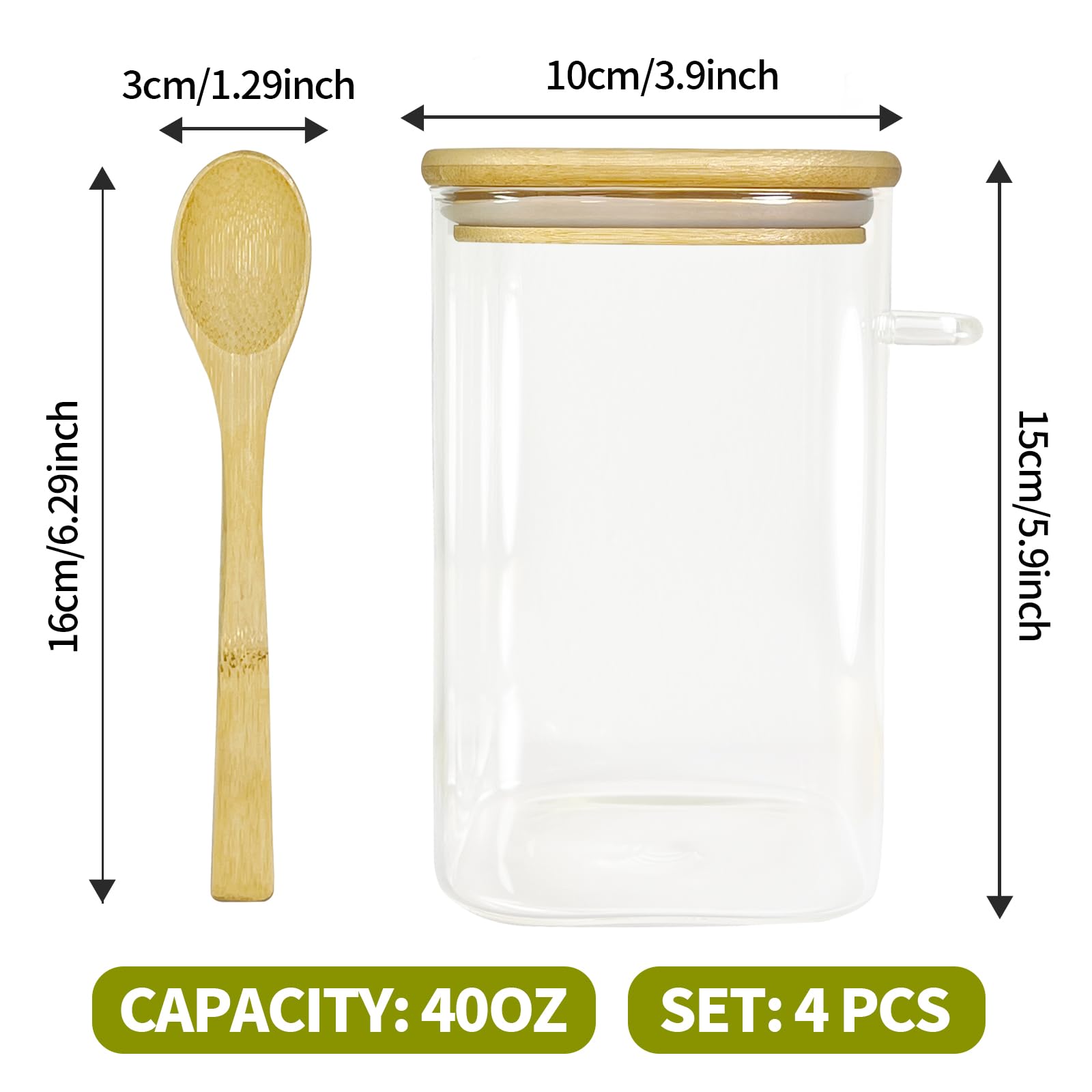 Hiiaos Glass Food Storage Containers Airtight - 40oz Glass Food Storage Jar 4 Pack Kitchen Canisters Clear Container with Sealing Bamboo Lids Spoon for Coffee Bean Cookie Sugar Tea Spices Dry Foods