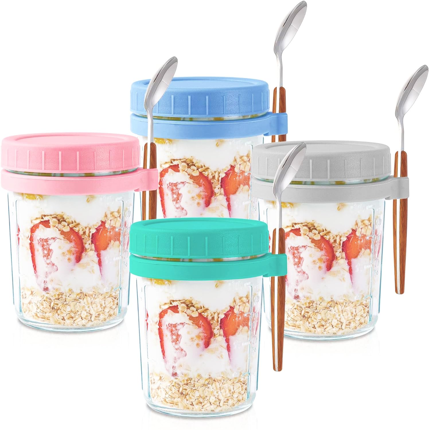 GUUTRY Overnight Oats Containers with lids and Spoons: 16 oz Mason Jars for Overnight Oats - 4 Pack Glass Meal Prep Container for Oatmeal - Food Storage Containers/Canning Jars/Food Jars