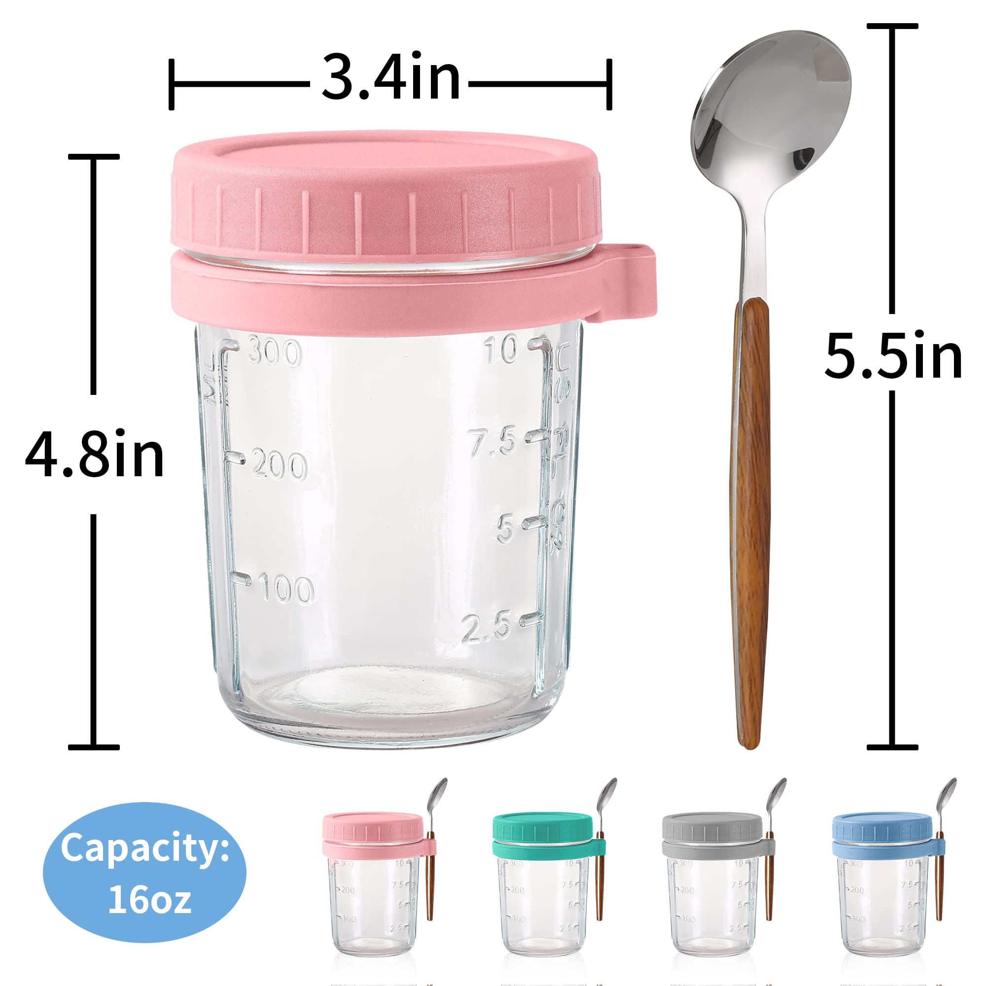 GUUTRY Overnight Oats Containers with lids and Spoons: 16 oz Mason Jars for Overnight Oats - 4 Pack Glass Meal Prep Container for Oatmeal - Food Storage Containers/Canning Jars/Food Jars